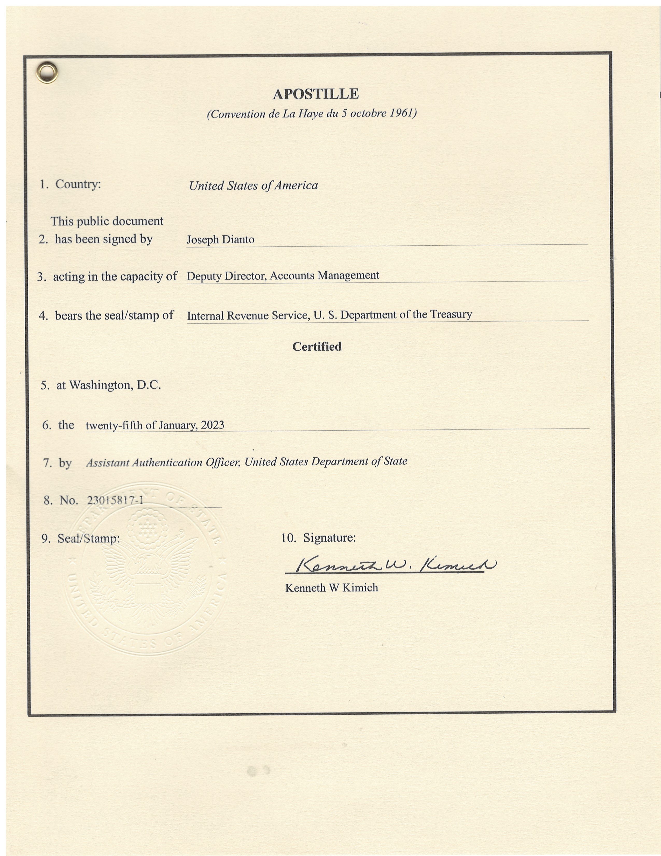 Apostille for Form 6166, U.S. residency certification